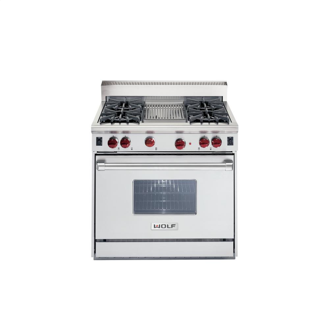 Wolf R364G 36" Pro-Style Gas Range with 4 Dual Brass Open Burners, 5.5 ...